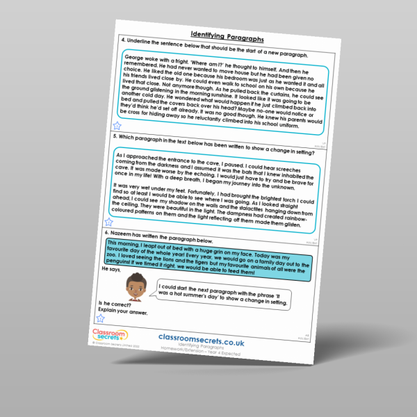 Year 4 Identifying Paragraphs Homework Resource | Classroom Secrets