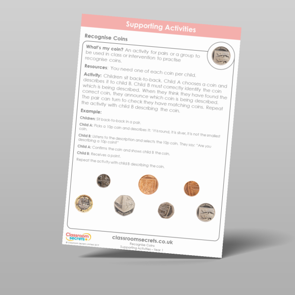 Year 1 Recognise Coins Supporting Activity Resource | Classroom Secrets