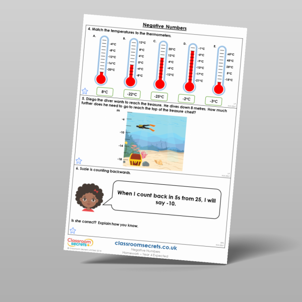 Year 4 Negative Numbers Homework Resource | Classroom Secrets