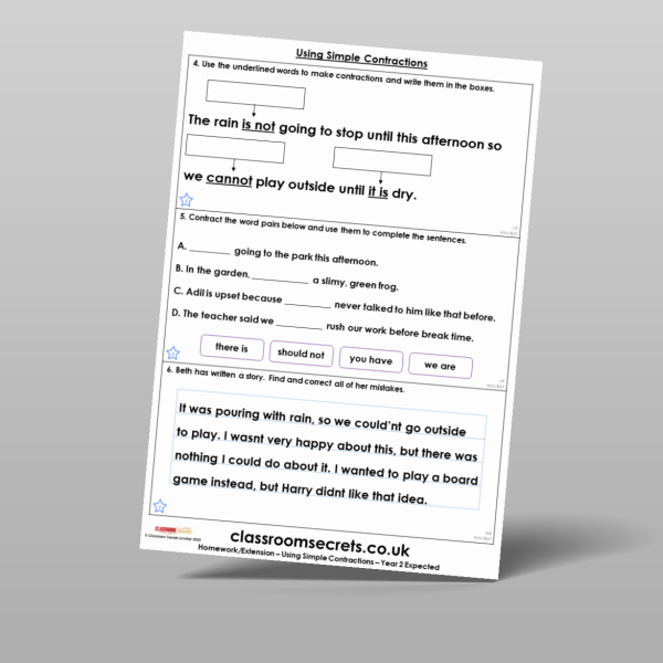 Year 2 Using Simple Contractions Homework Resource Classroom Secrets