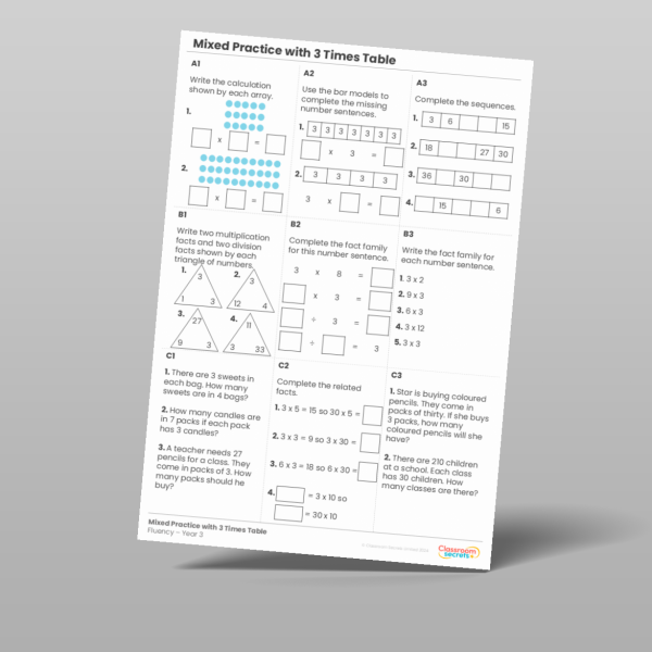 Mixed Practice with 3 Times Table Fluency Matrix Resource | Classroom ...