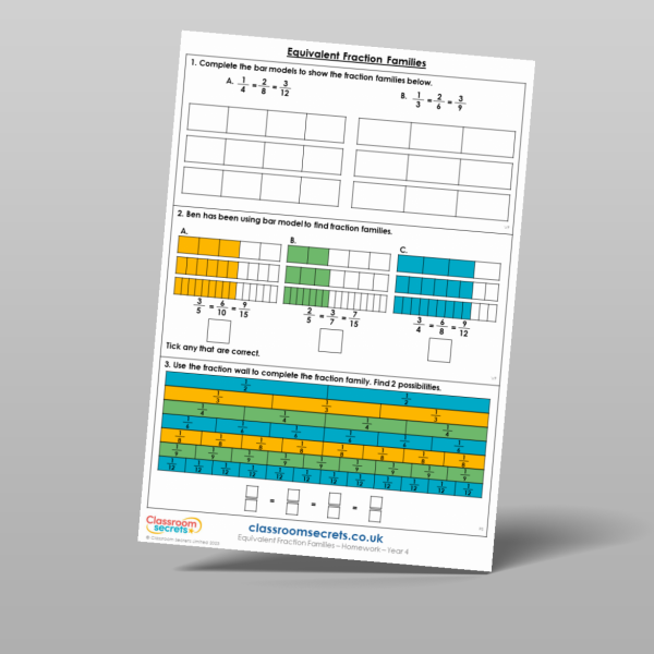 Year 4 Equivalent Fraction Families Homework Resource | Classroom Secrets