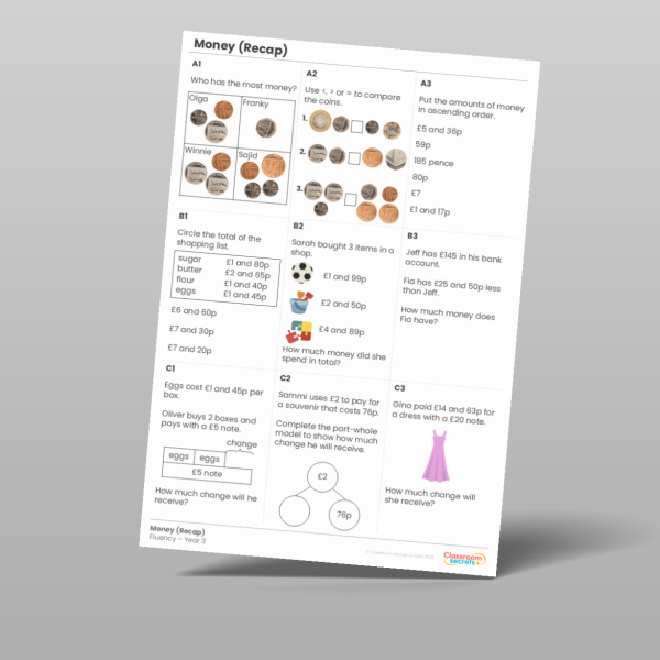 Year 3 Money Recap Fluency Matrix Resource | Classroom Secrets