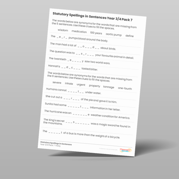 Year 3 And 4 Statutory Spellings In Sentences Pack 7 Resource ...