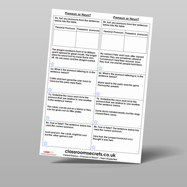 Year 4 Pronoun Or Noun Varied Fluency Resource | Classroom Secrets