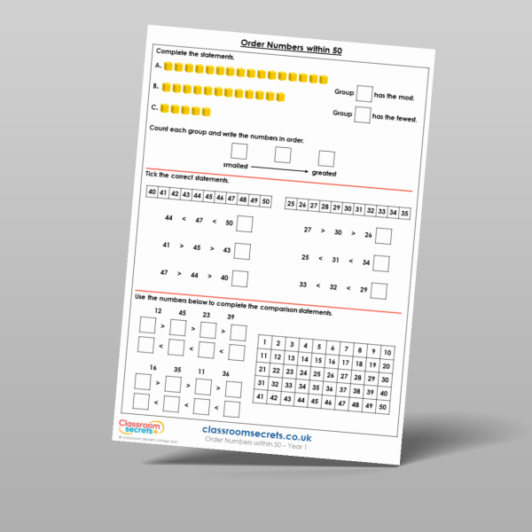 Year 1 Order Numbers Within 50 Mixed Activity Resource | Classroom Secrets