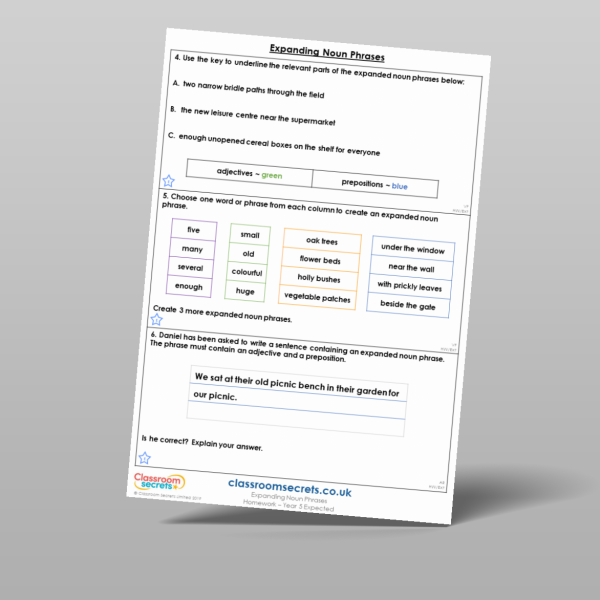 Year 5 Expanding Noun Phrases Homework Resource | Classroom Secrets