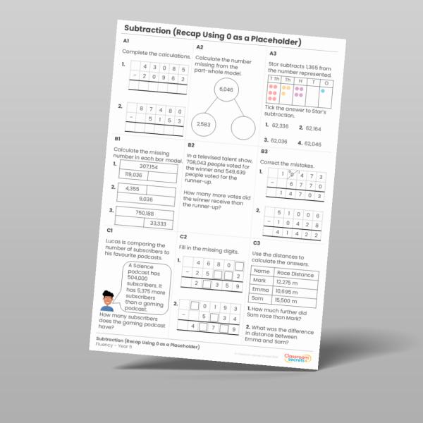 Year 5 Subtraction Recap Using 0 As A Placeholder Fluency Matrix ...