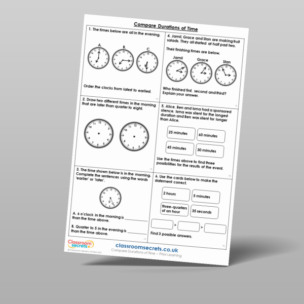 Year 2 Compare Durations Of Time Prior Learning Resource | Classroom ...