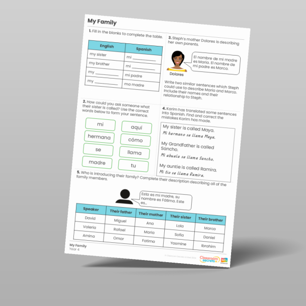 Year 4 Spanish My Family Main Activity Resource | Classroom Secrets
