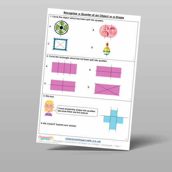 Year 1 Recognise A Quarter Of An Object Or A Shape Homework Resource ...