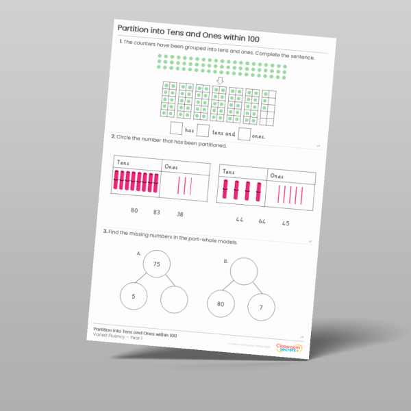 Year 1 Partition Into Tens And Ones Within 100 Varied Fluency 2 Resource | Classroom Secrets