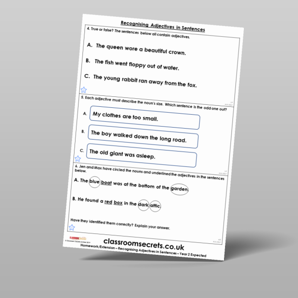 Year 2 Recognising Adjectives In Sentences Homework Resource ...