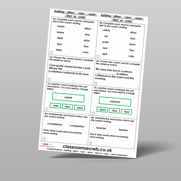 Year 4 Adding Ation Sion Ssion Tion Or Cian Varied Fluency Resource ...