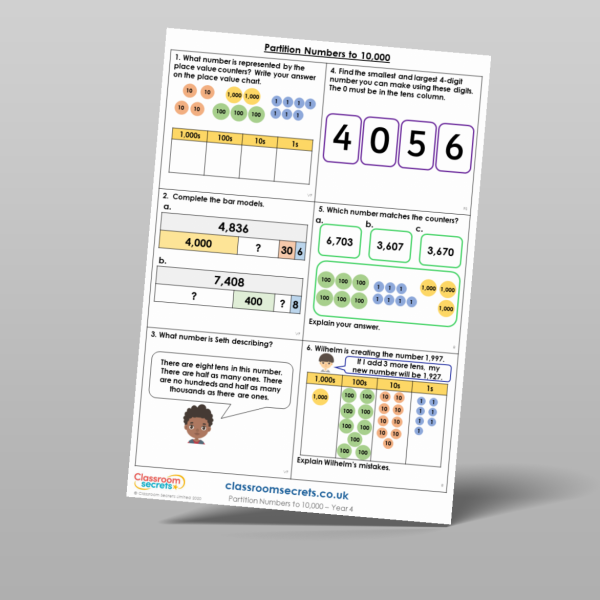 Year 4 Partition Numbers To 10 000 Mixed Activity Resource | Classroom ...