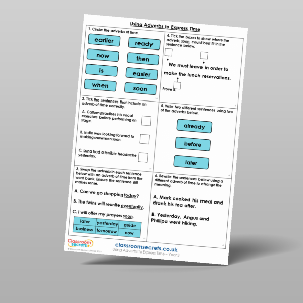 Year 3 Using Adverbs To Express Time Mixed Activity Resource Classroom Secrets