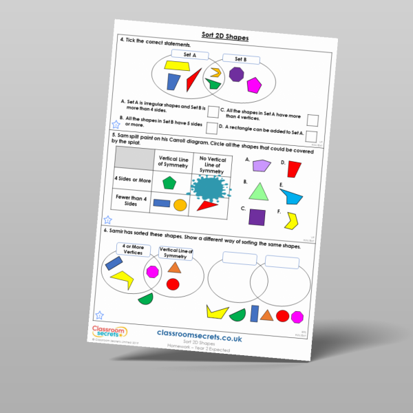 Year 2 Sort 2d Shapes Homework Resource | Classroom Secrets