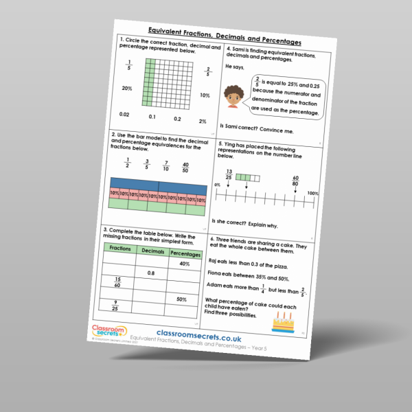 Year 5 Equivalent Fractions Decimals And Percentages Mixed Activity ...