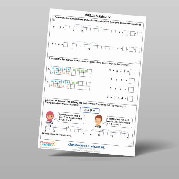 Year 2 Add By Making 10 Homework 2 Resource | Classroom Secrets