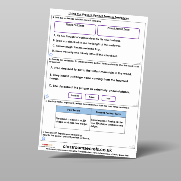 Year 3 Using The Present Perfect Form In Sentences Homework Resource ...