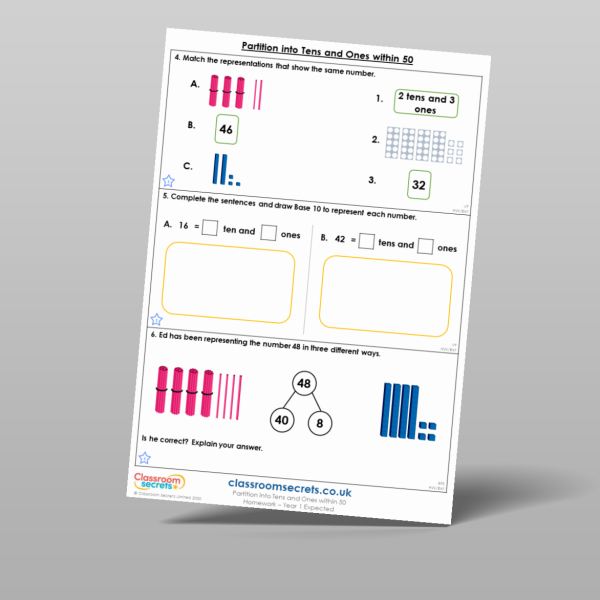 Year 1 Partition Into Tens And Ones Within 50 Homework Resource ...
