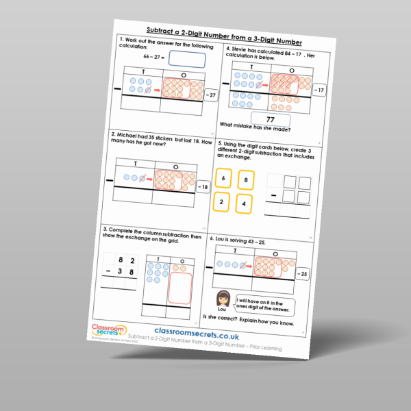 Subtract a 2-Digit Number from a 3-Digit Number Prior Learning Resource ...