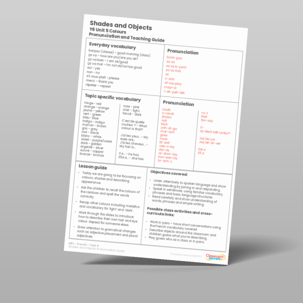 Year 6 Shades And Objects Pronunciation Guide Resource | Classroom Secrets