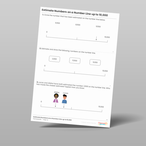 Year 4 Estimate Numbers On A Number Line Up To 10 000 Homework Resource ...