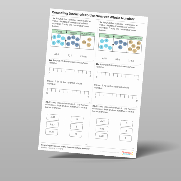 Year 5 Rounding Decimals To The Nearest Whole Number Varied Fluency ...