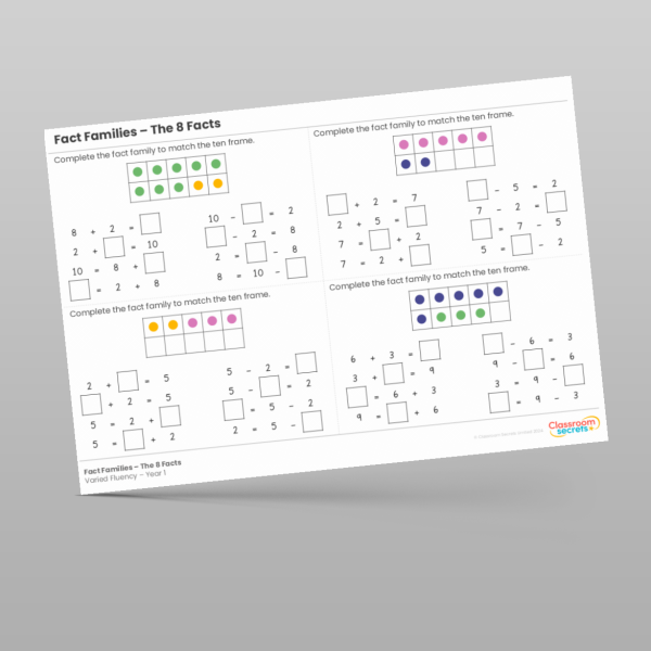 Year 1 Fact Families The 8 Facts Varied Fluency Resource | Classroom ...