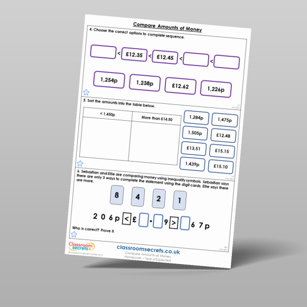Year 4 Compare Amounts Of Money Homework Resource | Classroom Secrets