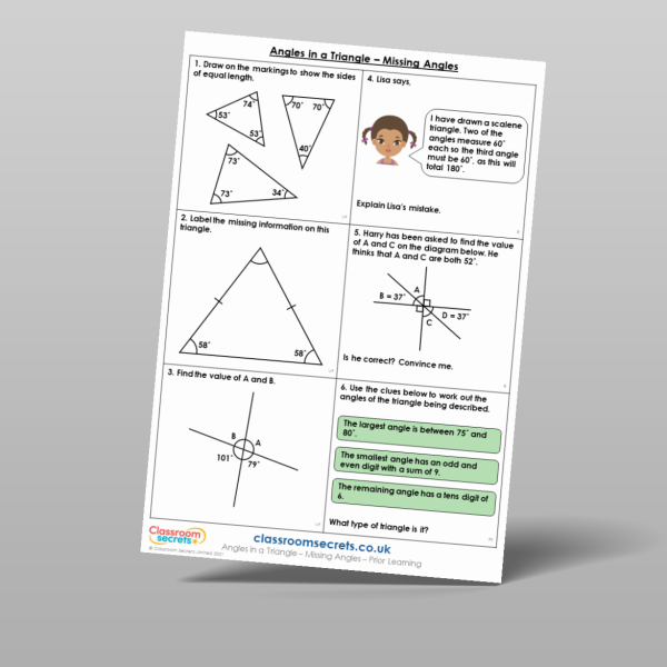 Year 6 Angles In A Triangle Missing Angles Prior Learning Resource | Classroom Secrets