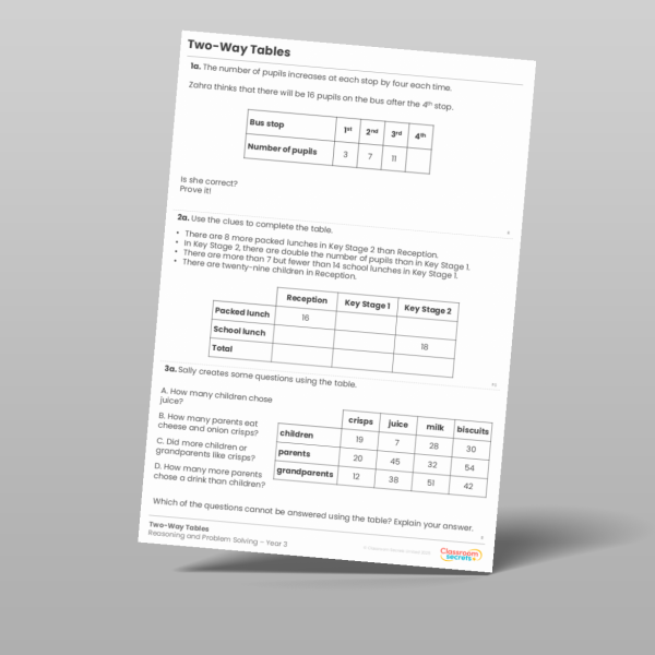 Year 3 Two Way Tables Reasoning And Problem Solving Resource ...