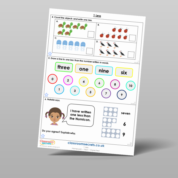 Year 1 1 Less Homework Resource | Classroom Secrets