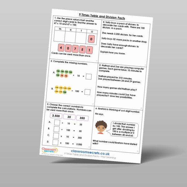Year 4 9 Times Table And Division Facts Prior Learning Resource ...