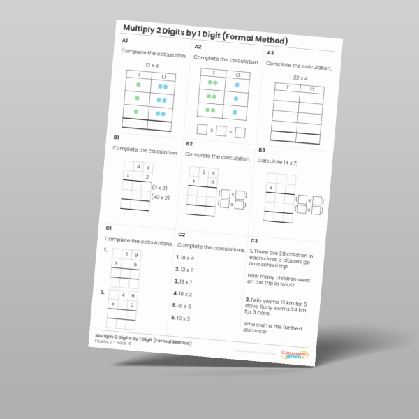 Year 4 Multiply 2 Digits By 1 Digit Formal Method Fluency Matrix ...