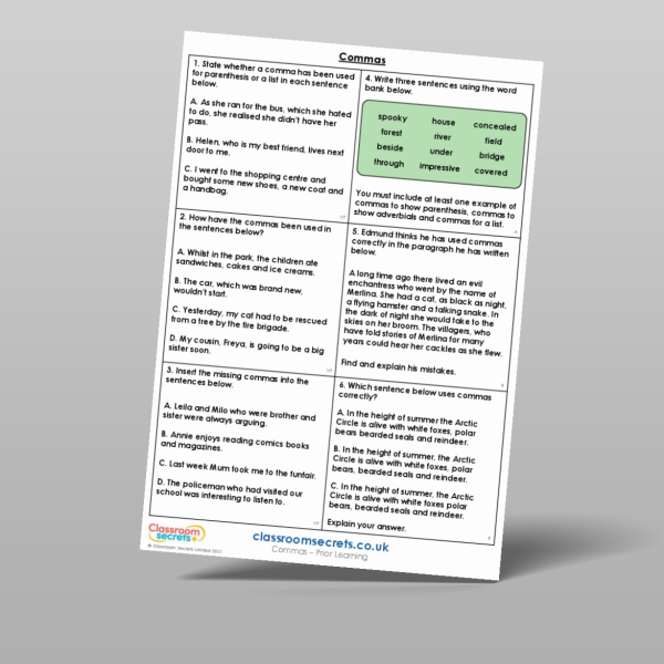 Year 6 Commas Prior Learning Resource | Classroom Secrets
