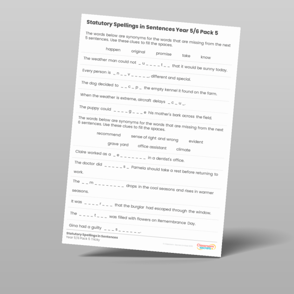 Year 5 And 6 Statutory Spellings In Sentences Pack 5 Resource ...