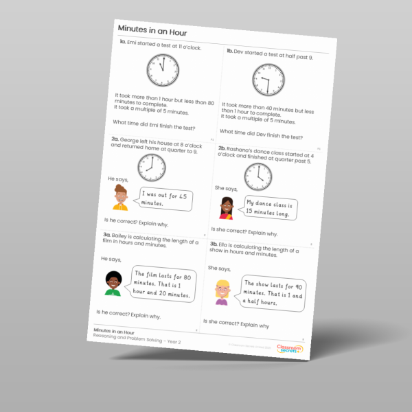 Year 2 Minutes In An Hour Reasoning And Problem Solving 2 Resource ...