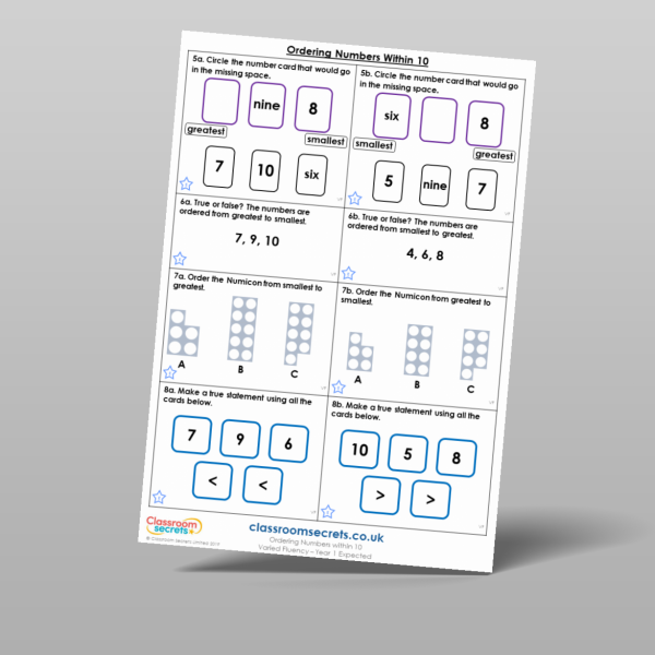 Year 1 Ordering Numbers Within 10 Varied Fluency 2 Resource | Classroom ...