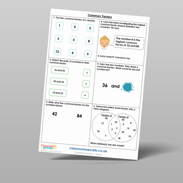 Year 5 Common Factors Mixed Activity Resource Classroom Secrets