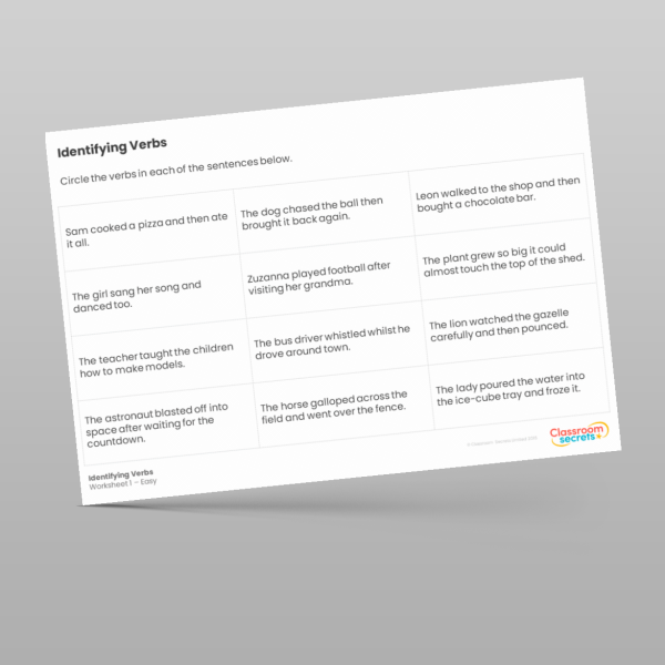 KS1 Identifying Verbs Test Practice Resource | Classroom Secrets