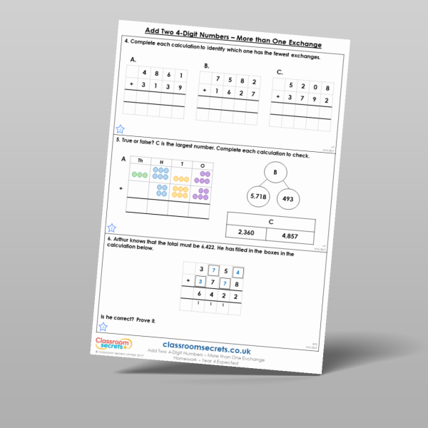 Year 4 Add Two 4 Digit Numbers More Than One Exchange Homework Resource ...