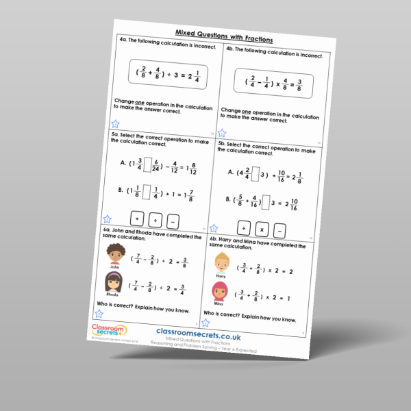 Year 6 Mixed Questions With Fractions Reasoning And Problem Solving Resource Classroom Secrets