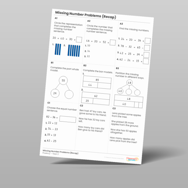 Year 2 Missing Number Problems Fluency Matrix Resource Classroom Secrets