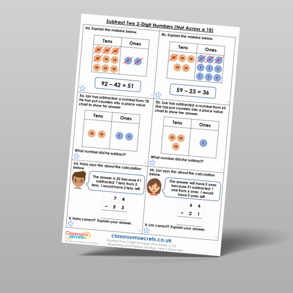 Year 2 Subtract Two 2 Digit Numbers Not Across A 10 Reasoning And Problem Solving Resource ...