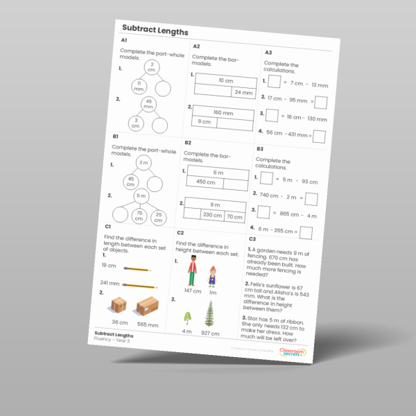 Year 3 Subtract Lengths Fluency Matrix Resource | Classroom Secrets
