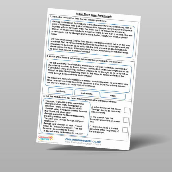 Year 4 More Than One Paragraph Mixed Activity Resource | Classroom Secrets