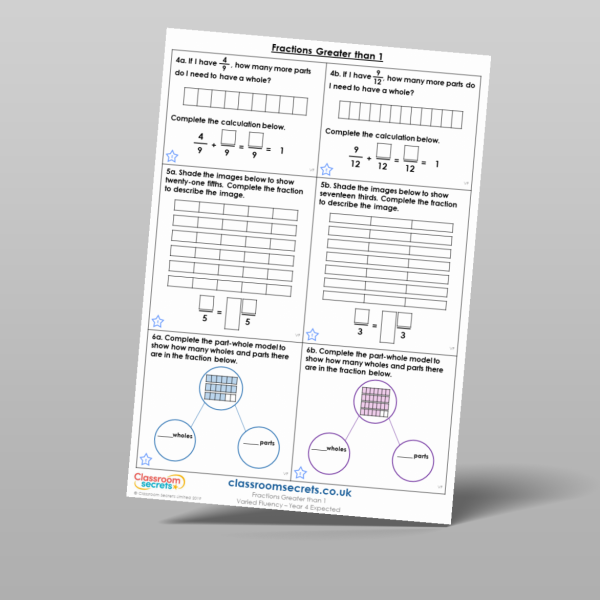 Year 4 Fractions Greater Than 1 Varied Fluency Resource | Classroom Secrets