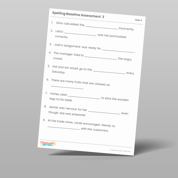 Year 4 Spelling Baseline Assessment 3 Resource | Classroom Secrets